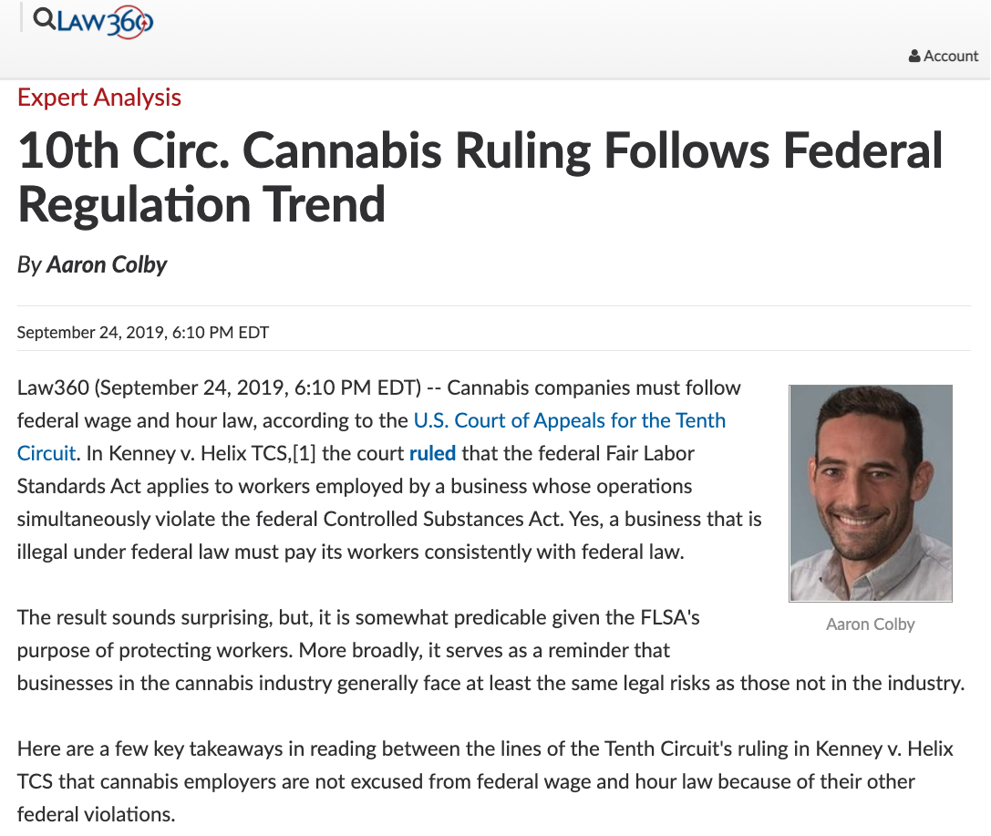 Aaron Colby Published in Law360 about Paying Cannabis Workers