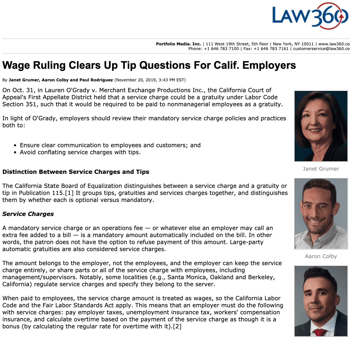 Aaron Colby Published in Law360 about Tips and Service Charges