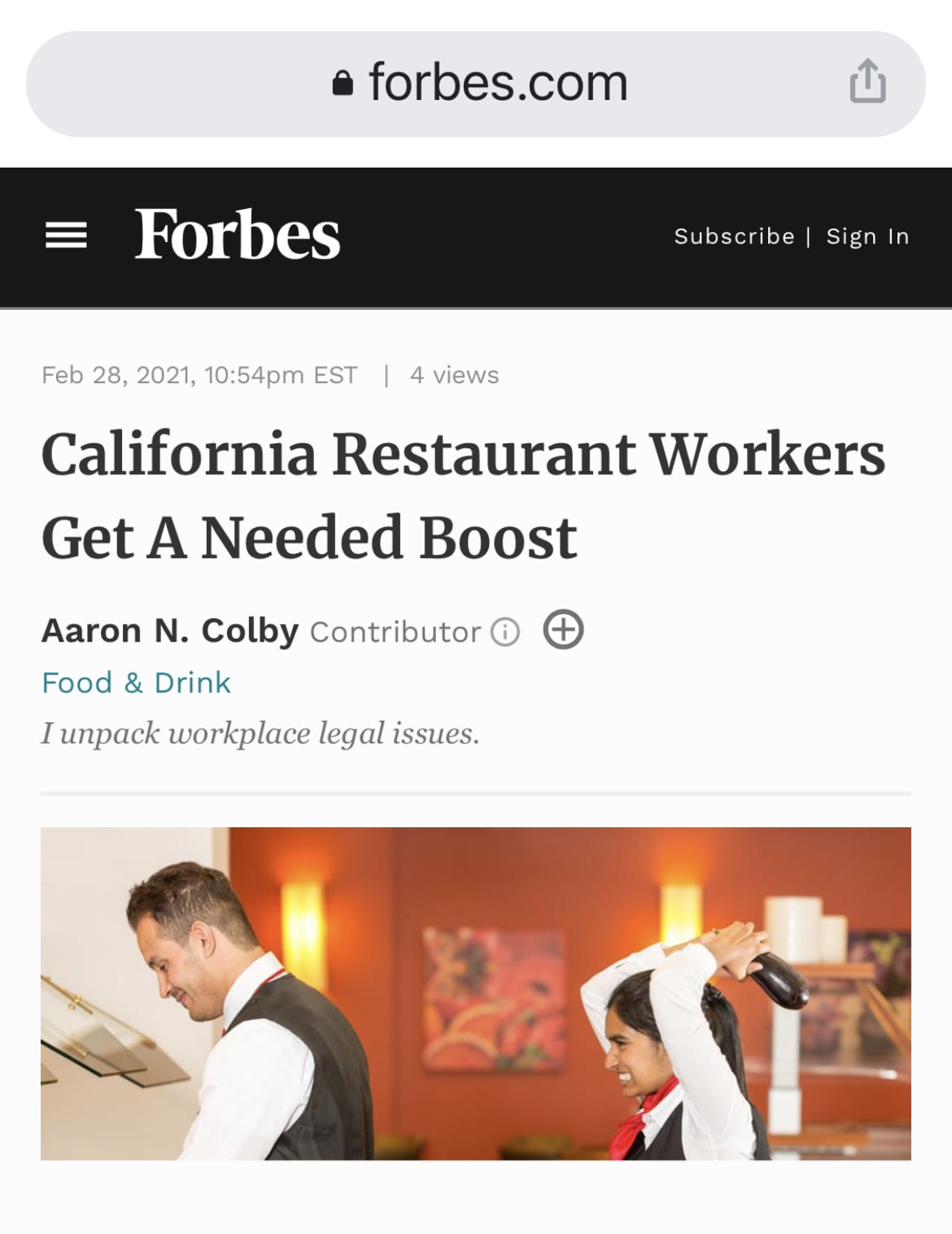 Aaron Colby on Forbes.com about Restaurant Workers' Protections